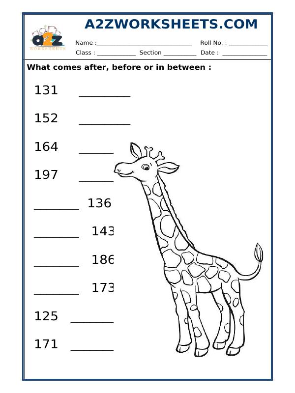 A2Zworksheets:Worksheet of What Comes After, Before Or In Between ...