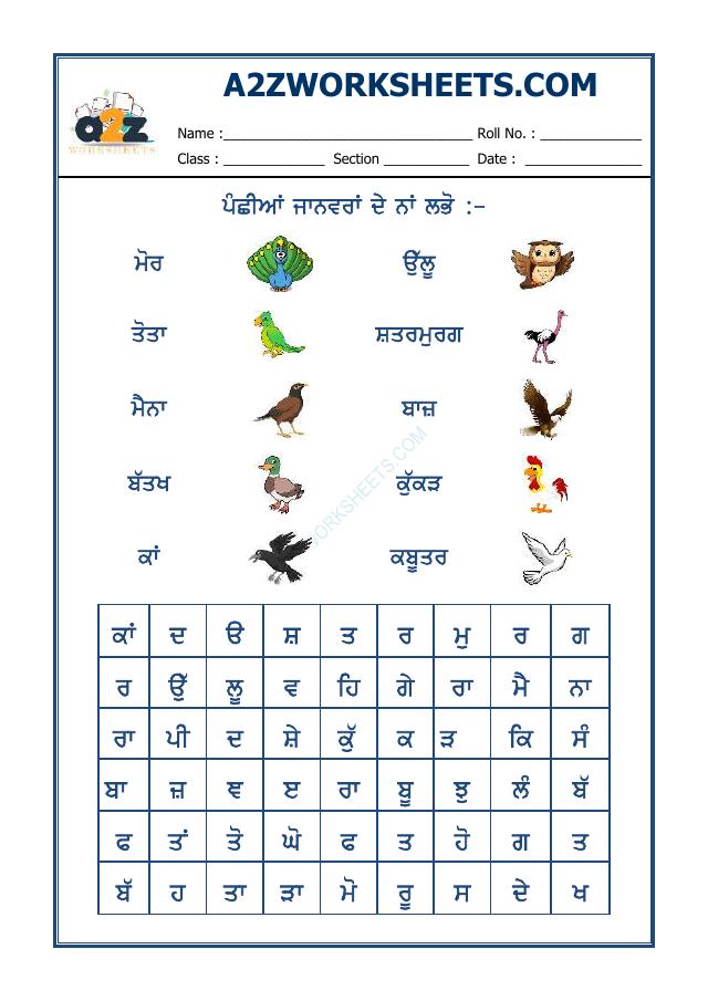 A2Zworksheets:Worksheet of Punjabi Word Search-Birds Name-Punjabi-Language