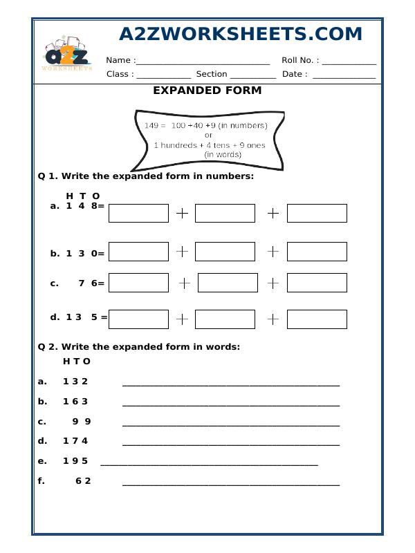 A2Zworksheets:Worksheet of Expanded Form-Numbers-Maths