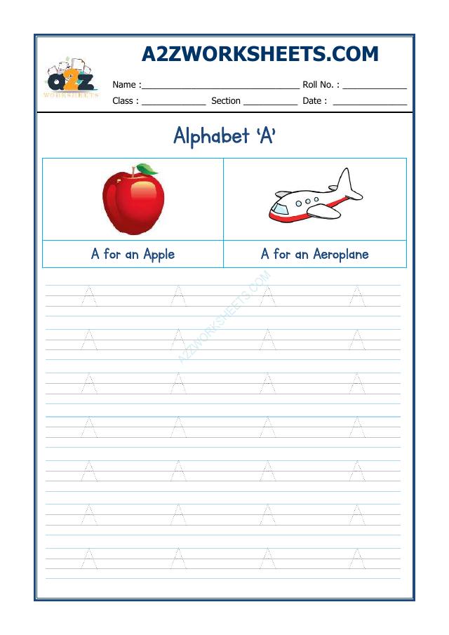 A2Zworksheets:Worksheet of English Alphabet 'A'-Writing-English