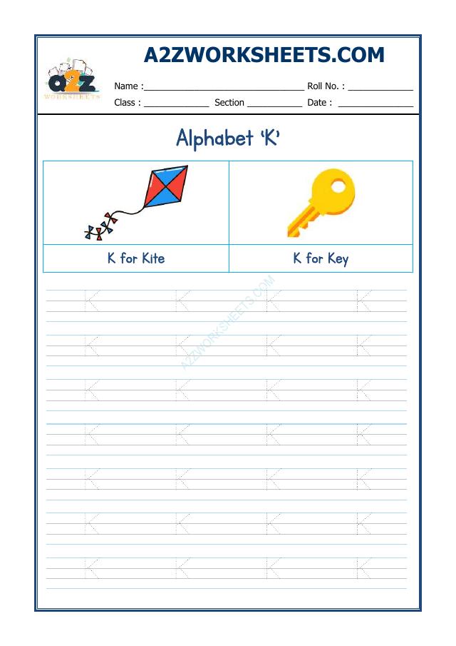 A2Zworksheets:Worksheet of English Alphabet 'K'-Writing-English