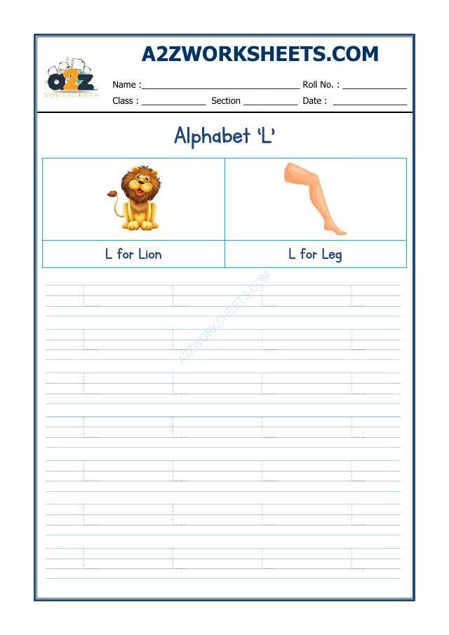 A2Zworksheets:Worksheet of English Alphabet 'L'-Writing-English