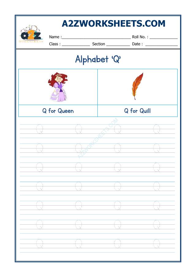 A2Zworksheets:Worksheet of English Alphabet 'Q'-Writing-English