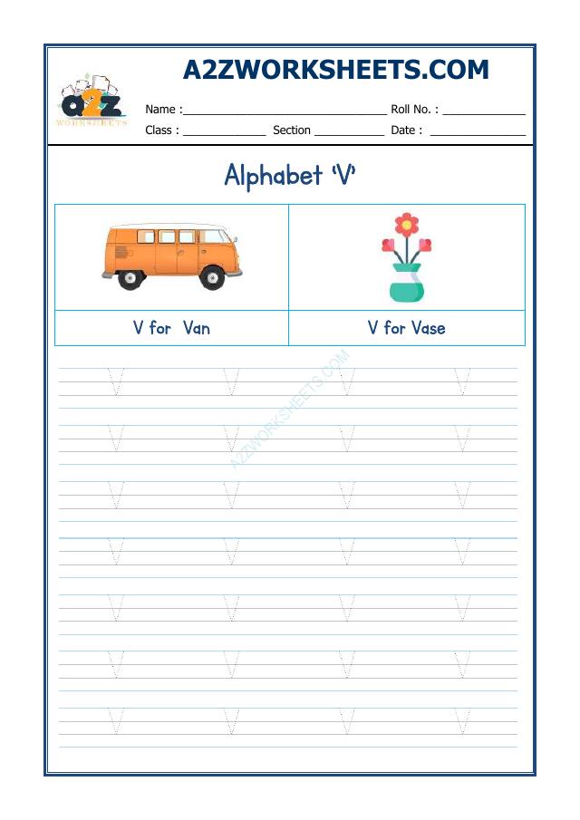 A2Zworksheets:Worksheet of English Alphabet 'V'-Writing-English