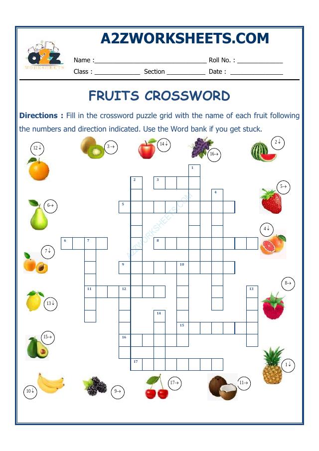 A2Zworksheets:Worksheet of Cross Words - Fruits-Reading-English