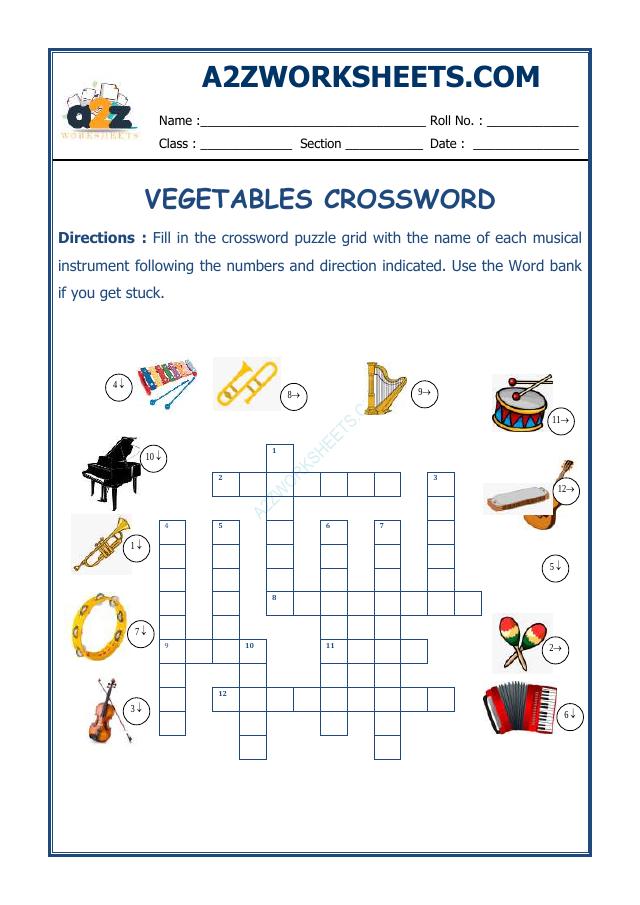 A2Zworksheets:Worksheet of Cross Words-Musical Instruments-Reading-English