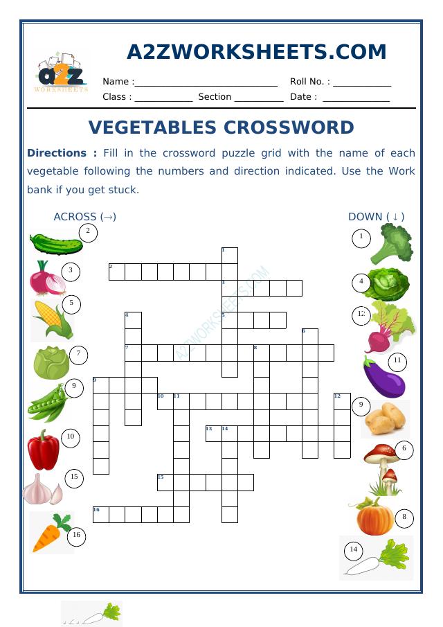 A2Zworksheets:Worksheet of Cross Words-Vegetables-Reading-English