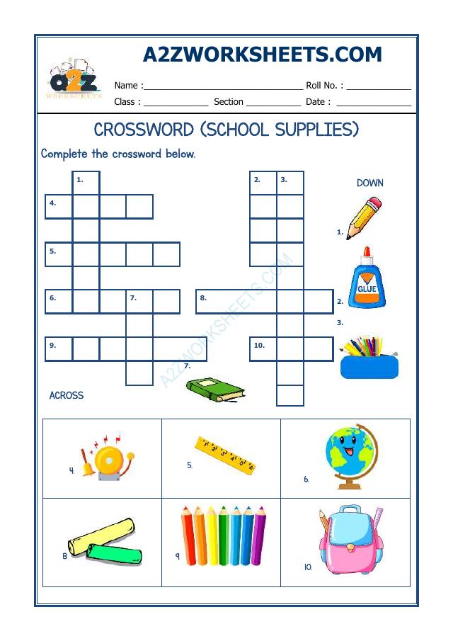 A2Zworksheets:Worksheet of Cross Word - School Supplies-Reading-English