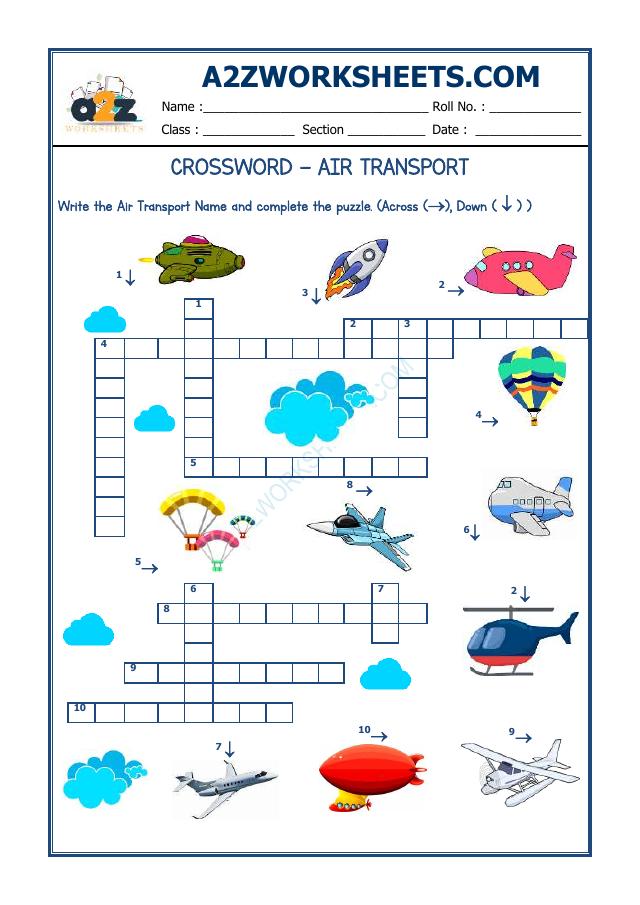 A2Zworksheets:Worksheet of Cross Word -Air Transport-Reading-English