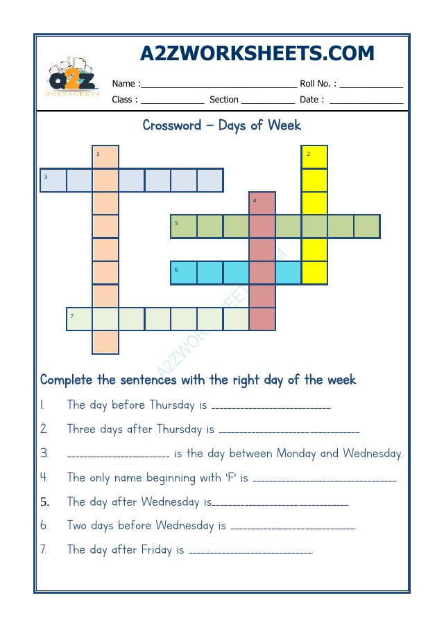 A2Zworksheets:Worksheet of Cross Word - Days Of Week-Reading-English