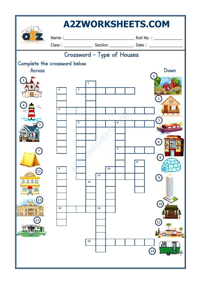 A2Zworksheets:Worksheet of Cross Word -Types Of Houses-Reading-English
