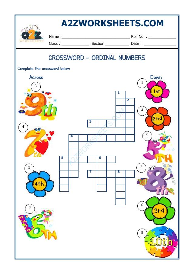 A2Zworksheets:Worksheet of Crossword -Ordinal Numbers (1-10)-Reading ...