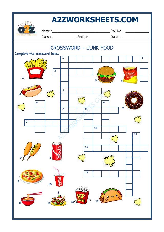 A2Zworksheets:Worksheet of Crossword -Junk Food-Reading-English