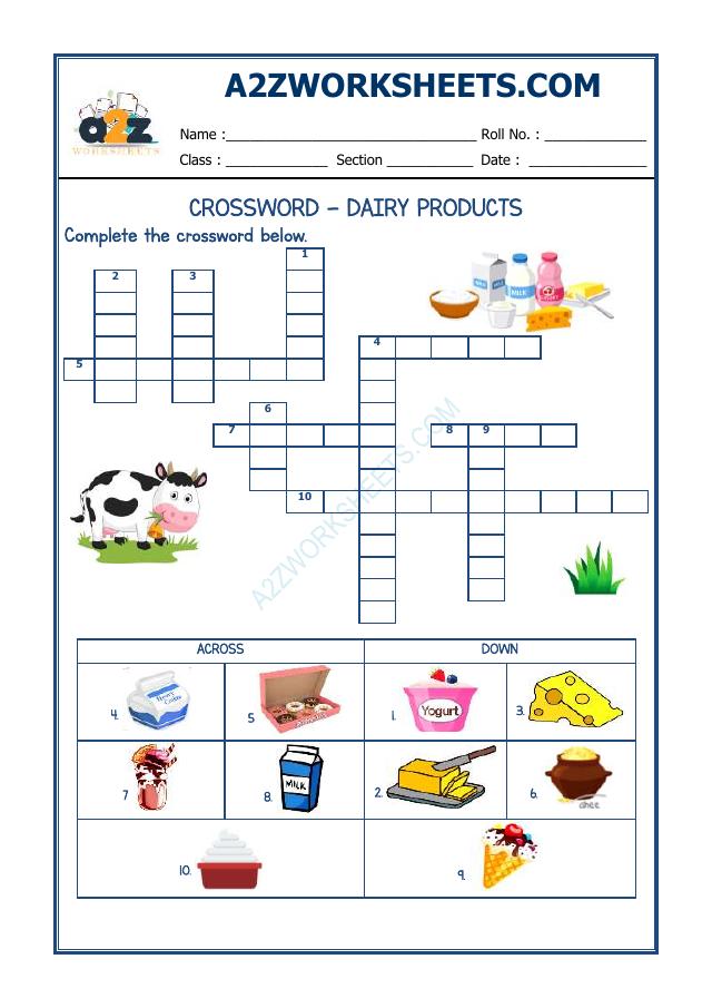 A2Zworksheets:Worksheet of Crossword - Dairy Products-Reading-English