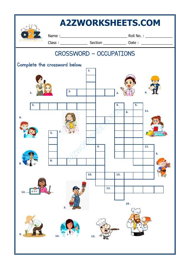 A2Zworksheets:Worksheet of Crossword -Occupations-Reading-English