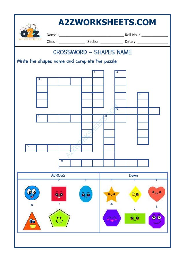 A2Zworksheets:Worksheet of Crossword - Shapes Name-Reading-English