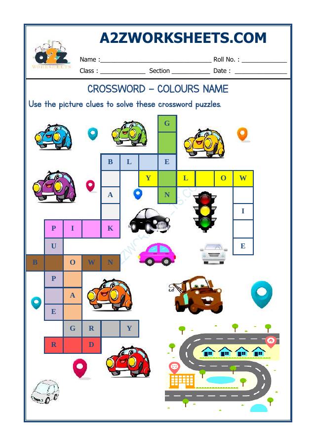 A2Zworksheets:Worksheet of Crossword -Colours Name-Reading-English