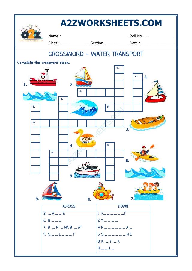 A2Zworksheets:Worksheet of Crossword - Water Transport-Reading-English