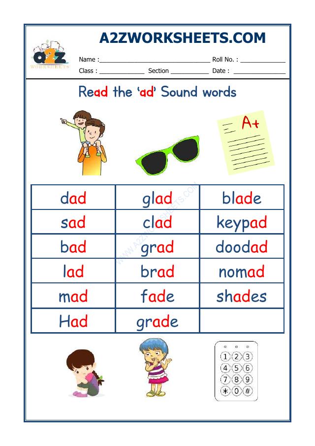 A2Zworksheets:Worksheet of English Phonics Sounds - 'Ad' Sound Words ...