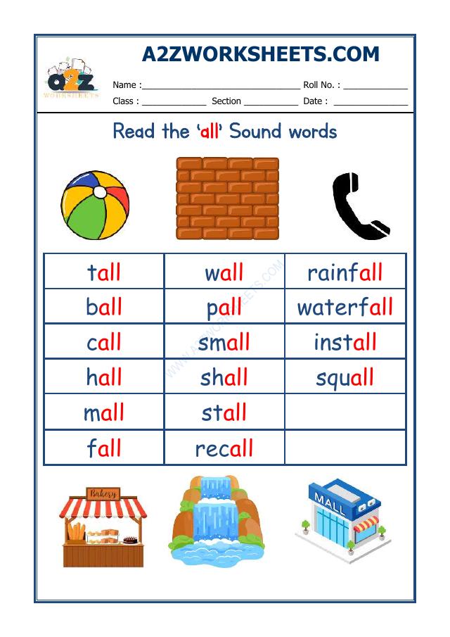 A2Zworksheets:Worksheet of English Phonics Sounds - 'All' Sound Words ...