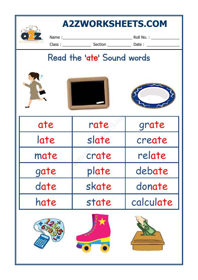 A2Zworksheets:Worksheet of English Phonics Sounds - 'Ate' Sound Words ...