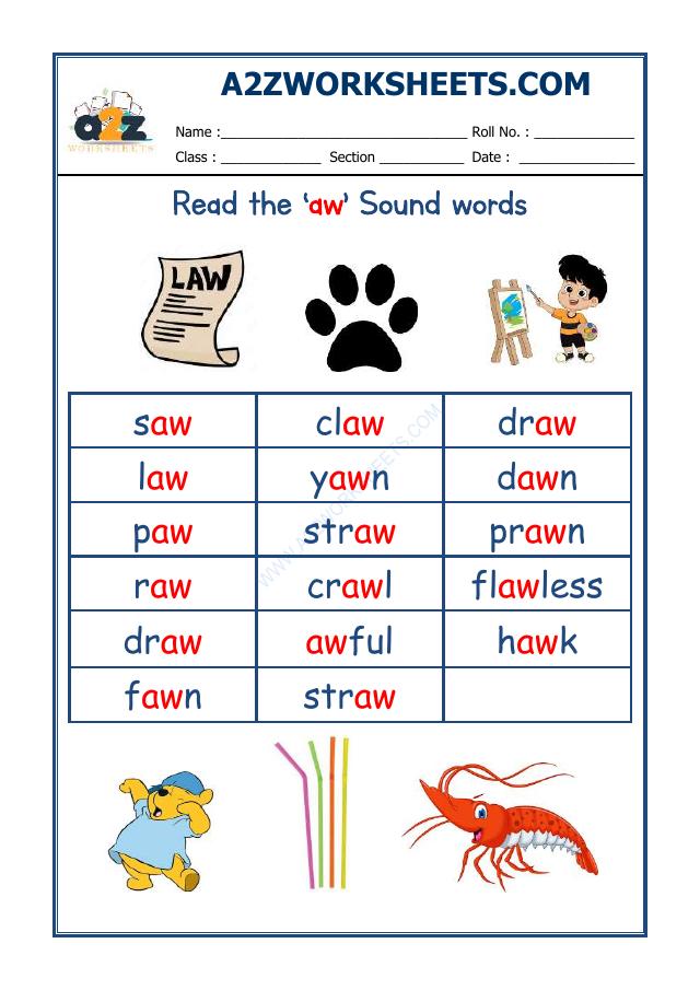 A2Zworksheets:Worksheet of English Phonics Sounds - 'Aw' Sound Words ...