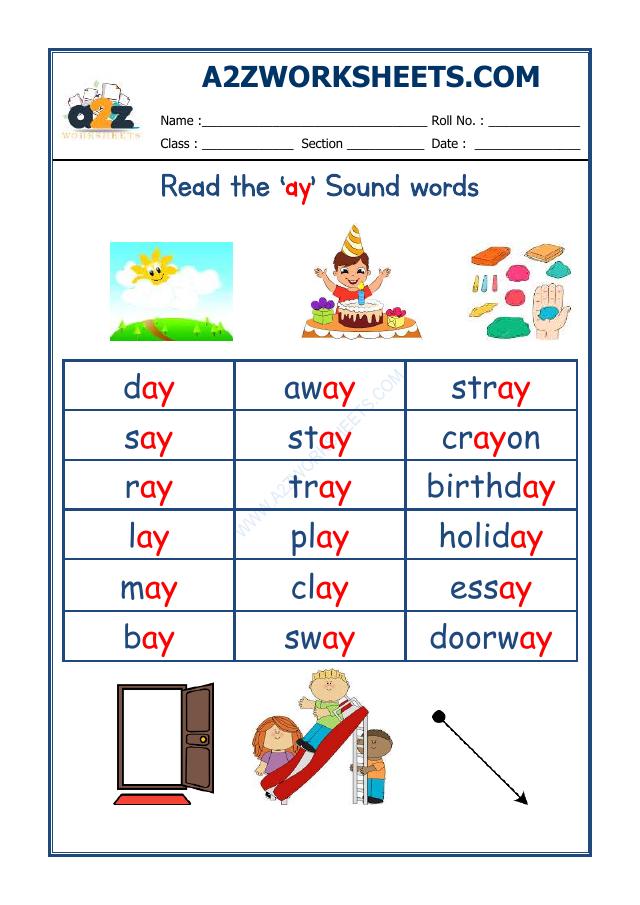 A2Zworksheets:Worksheet of English Phonics Sounds - 'Ay' Sound Words ...