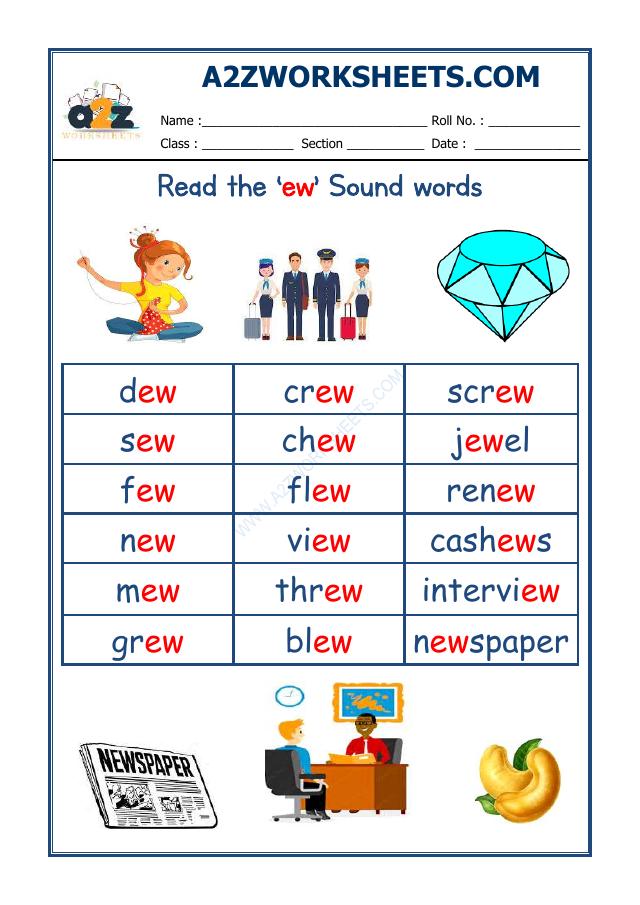 A2Zworksheets:Worksheet of English Phonics Sounds - 'Ew' Sound Words ...