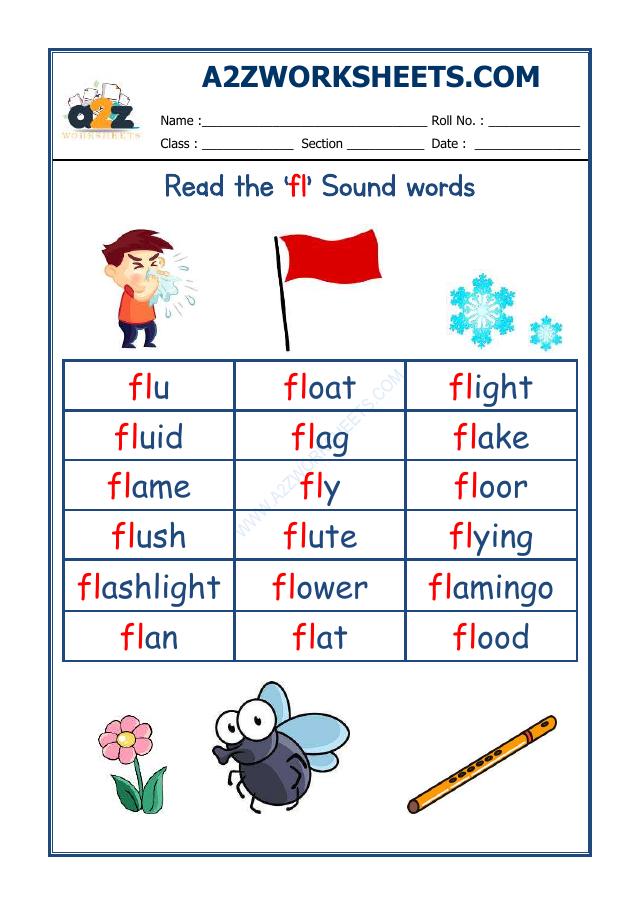 A2Zworksheets:Worksheet of English Phonics Sounds - 'Fl' Sound Words ...