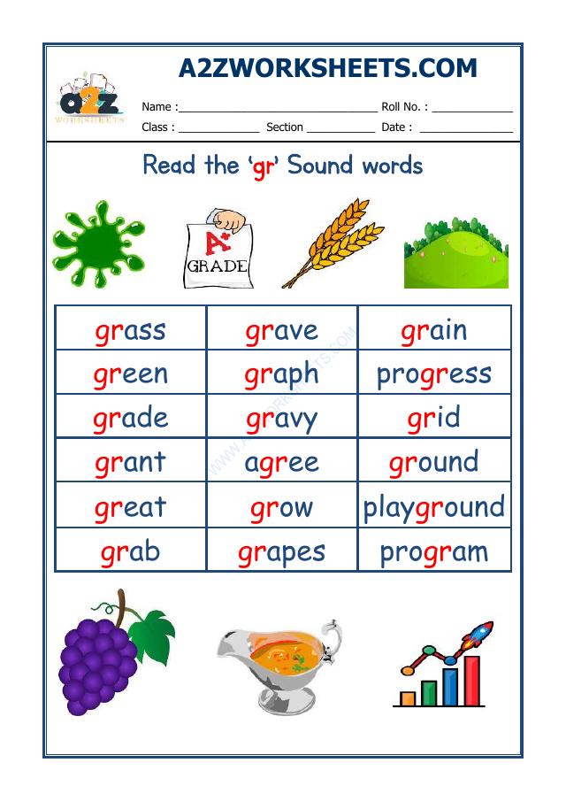 A2Zworksheets:Worksheet of English Phonics Sounds - 'Gr' Sound Words ...