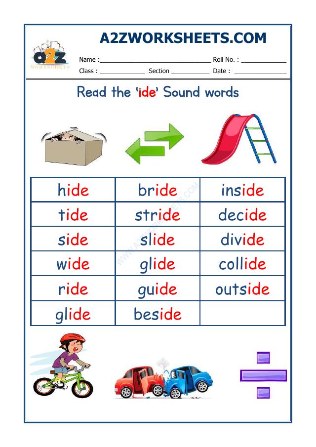 A2Zworksheets:Worksheet of English Phonics Sounds - 'Ide' Sound Words ...