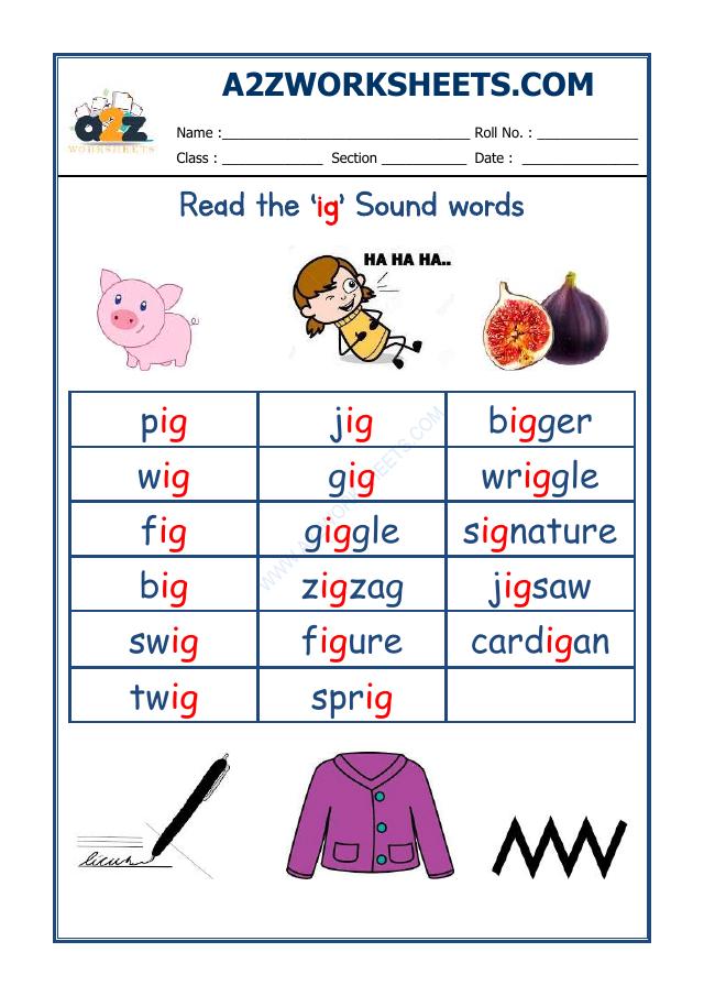 A2Zworksheets:Worksheet of English Phonics Sounds - 'Ig' Sound Words ...