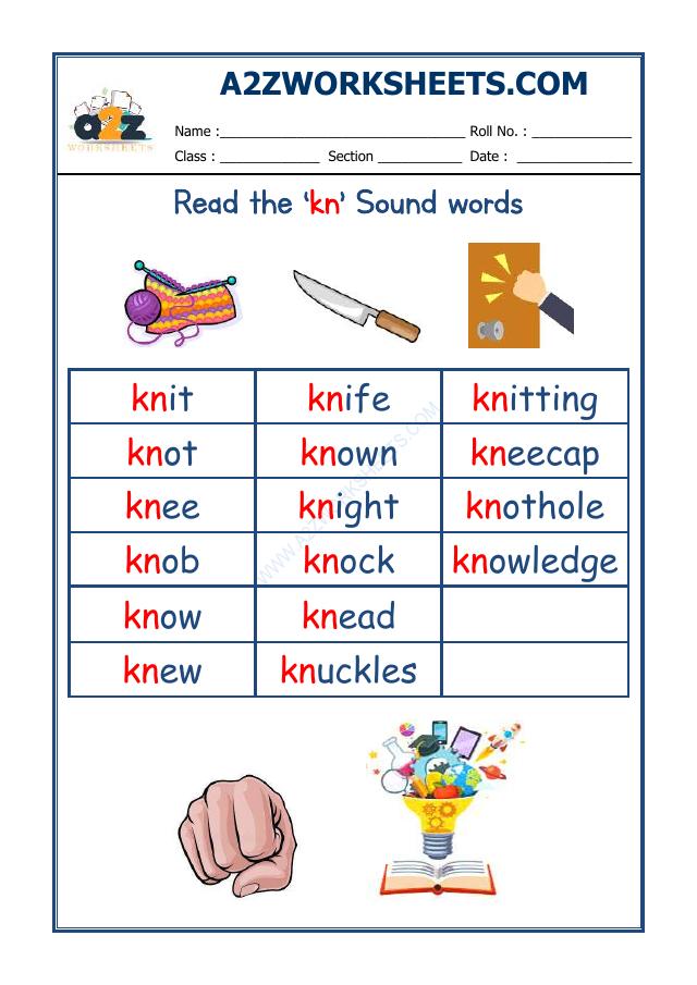 A2Zworksheets:Worksheet of English Phonics Sounds - 'Kn' Sound Words ...