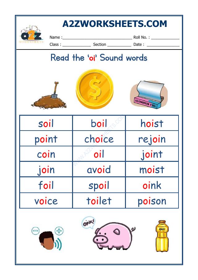 A2Zworksheets:Worksheet of English Phonics Sounds - 'Oi' Sound Words ...