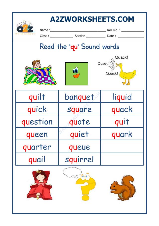 A2Zworksheets:Worksheet of English Phonics Sounds - 'Qu' Sound Words ...