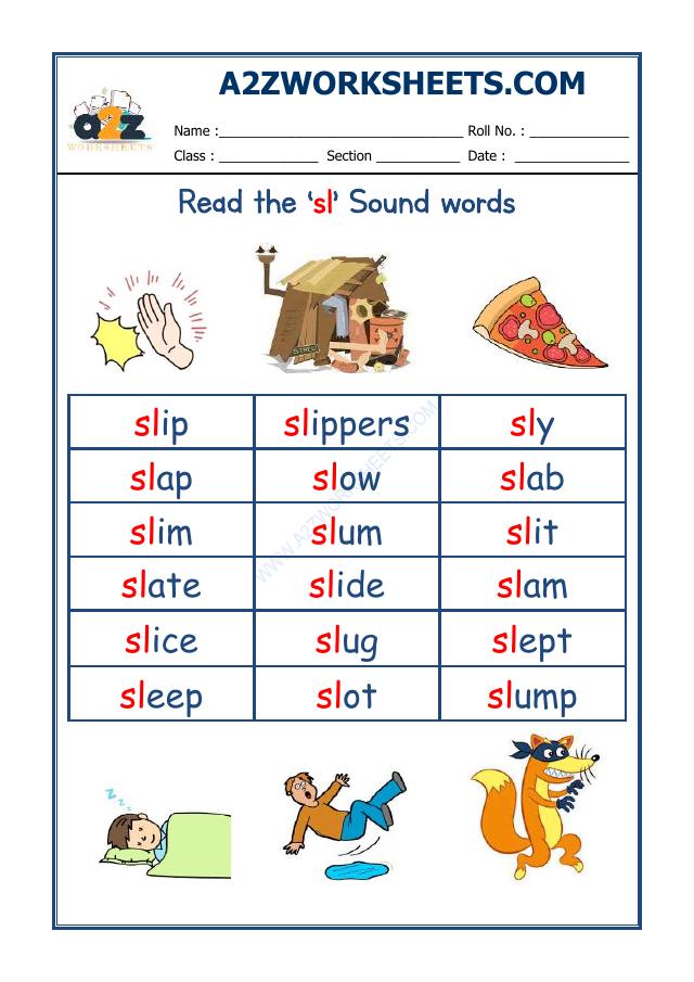A2Zworksheets:Worksheet of English Phonics Sounds - 'Sl' Sound Words ...