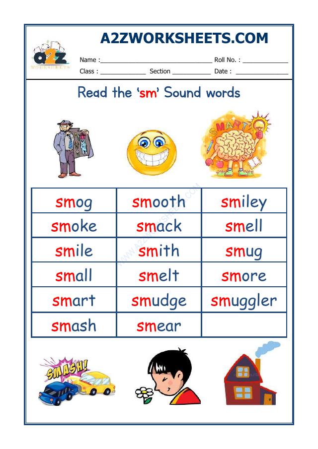 A2Zworksheets:Worksheet of English Phonics Sounds - 'Sm' Sound Words ...