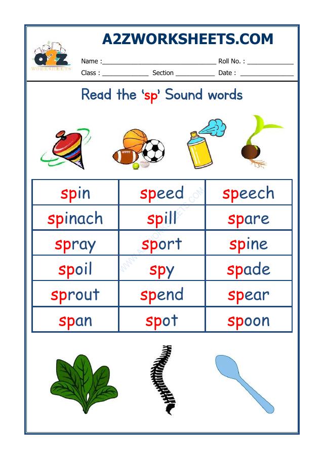 A2Zworksheets:Worksheet of English Phonics Sounds - 'Sp' Sound Words ...