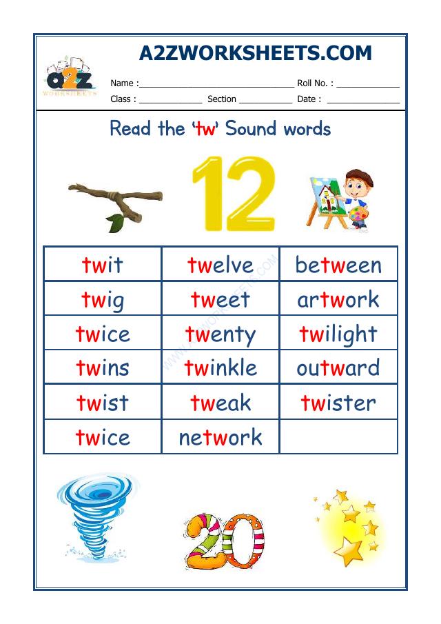 A2Zworksheets:Worksheet of English Phonics Sounds - 'Tw' Sound Words ...