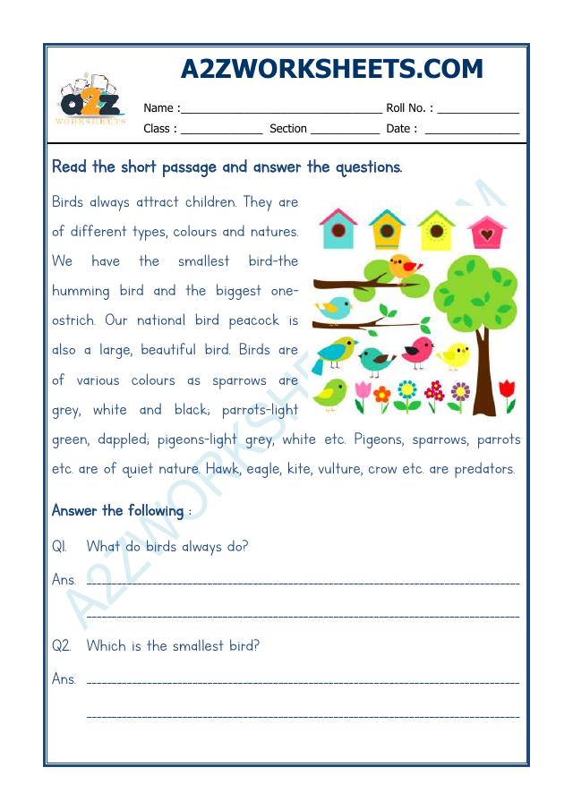 A2Zworksheets:Worksheet of Comprehension Passage-28-Reading-English