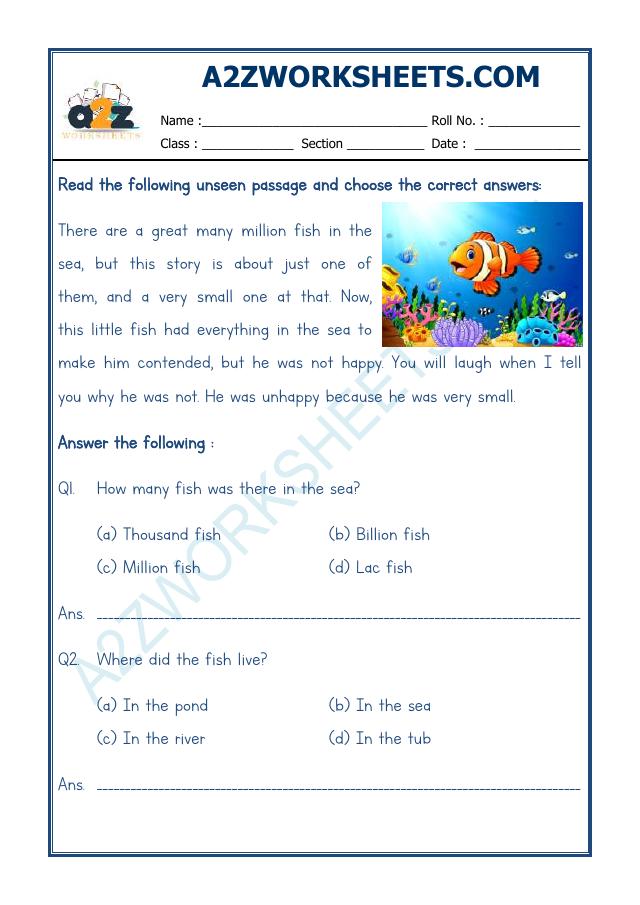 A2Zworksheets:Worksheet of Comprehension Passage-22-Reading-English