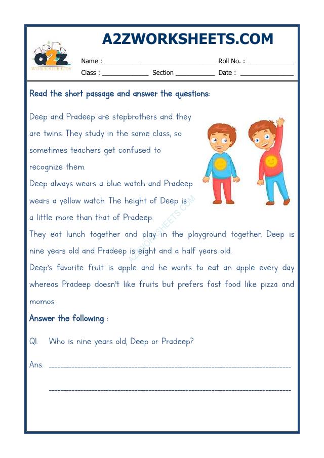 A2Zworksheets:Worksheet of Comprehension Passage-30-Reading-English