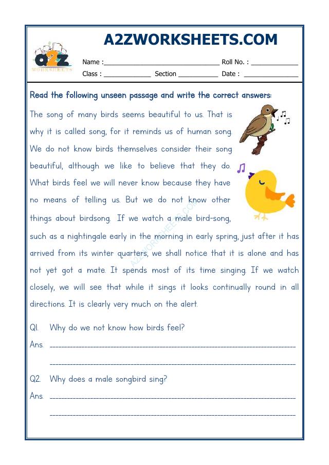 A2Zworksheets:Worksheet of Comprehension Passage-23-Reading-English