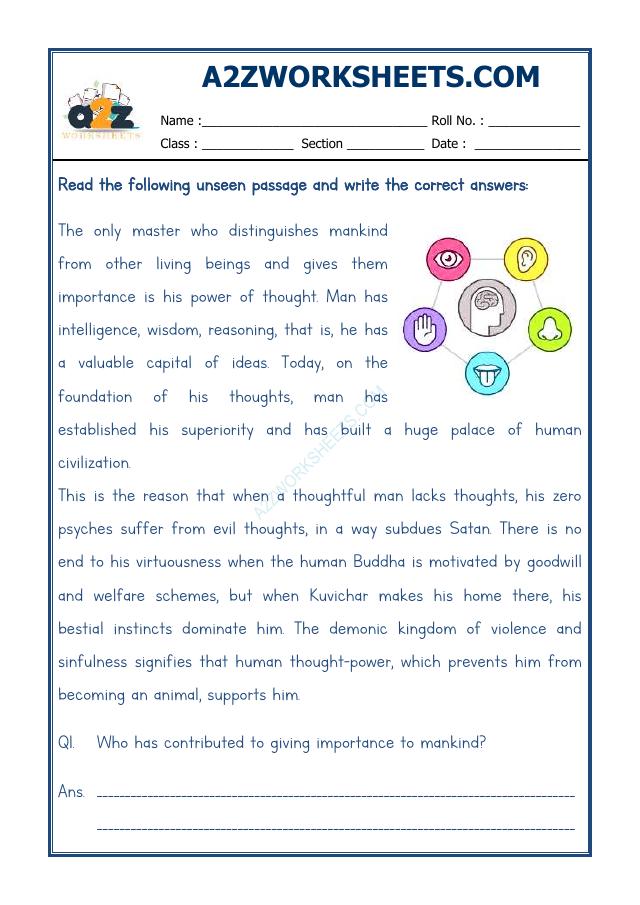 A2Zworksheets:Worksheet of Comprehension Passage-26-Reading-English