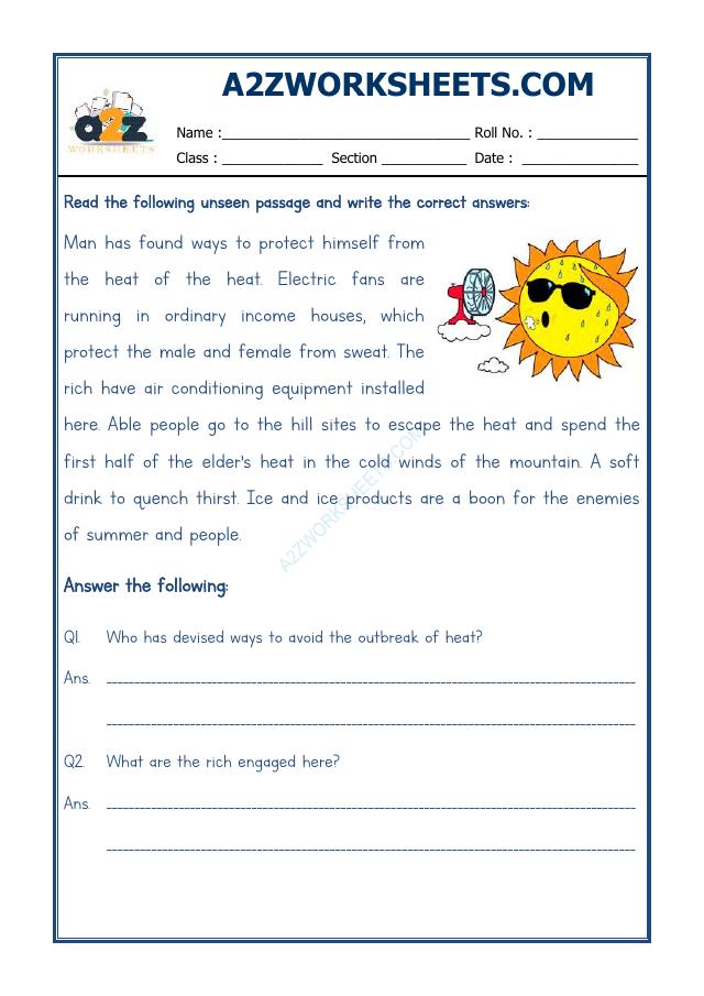 A2Zworksheets:Worksheet of Comprehension Passage-27-Reading-English