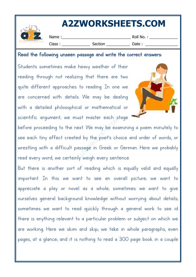 A2Zworksheets:Worksheet of Class V-Comprehension Passage-28-Reading-English