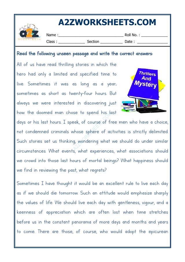 A2Zworksheets:Worksheet of Comprehension Passage-29-Reading-English