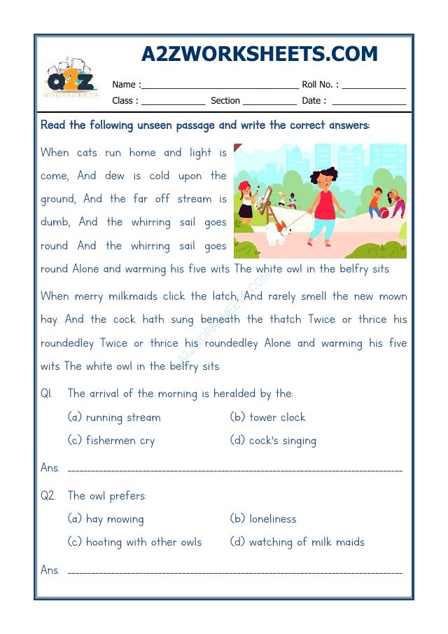 A2Zworksheets:Worksheet of Comprehension Passage-54-Reading-English