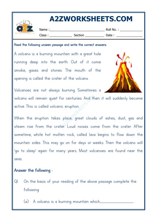 A2Zworksheets:Worksheet of Comprehension Passage-58-Reading-English