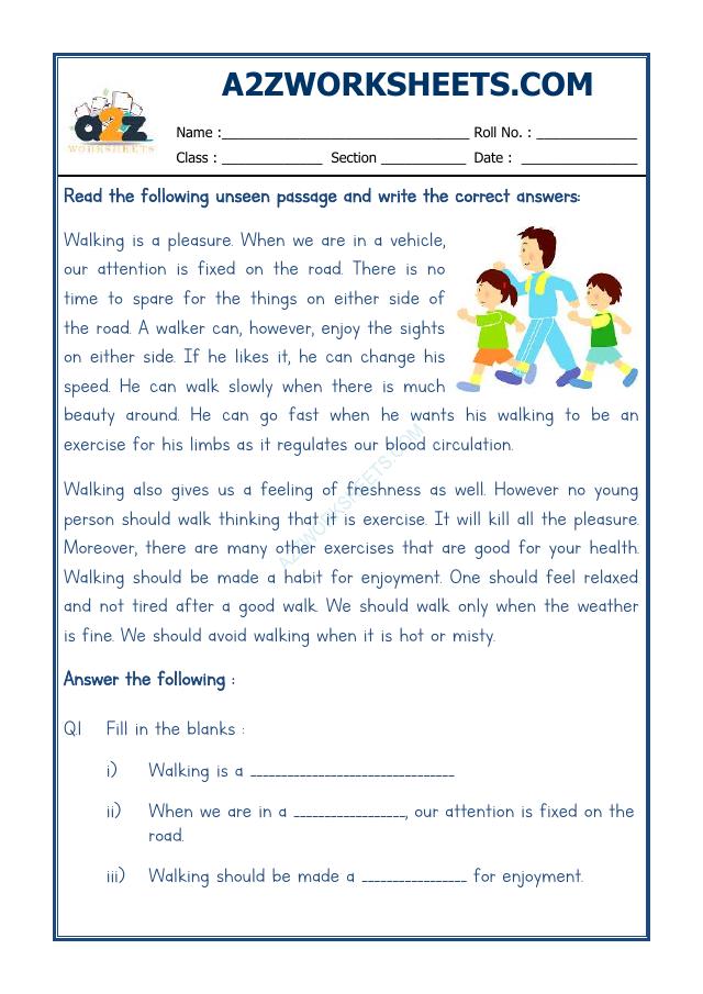 A2Zworksheets:Worksheet of Comprehension Passage-60-Reading-English